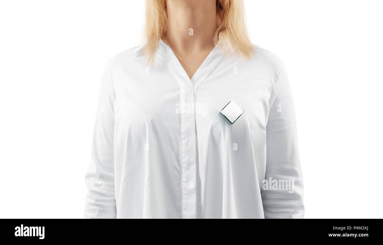 Blank white rhombus silver lapel badge mock up on woman chest. Empty ... Blank white rhombus silver lapel badge mock up on woman chest. Empty ...