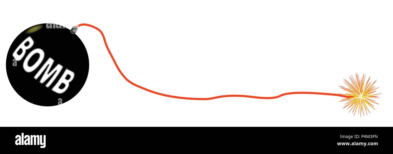 A traditional cartoon style bomb with a long lit fuse, isolaterd over ...