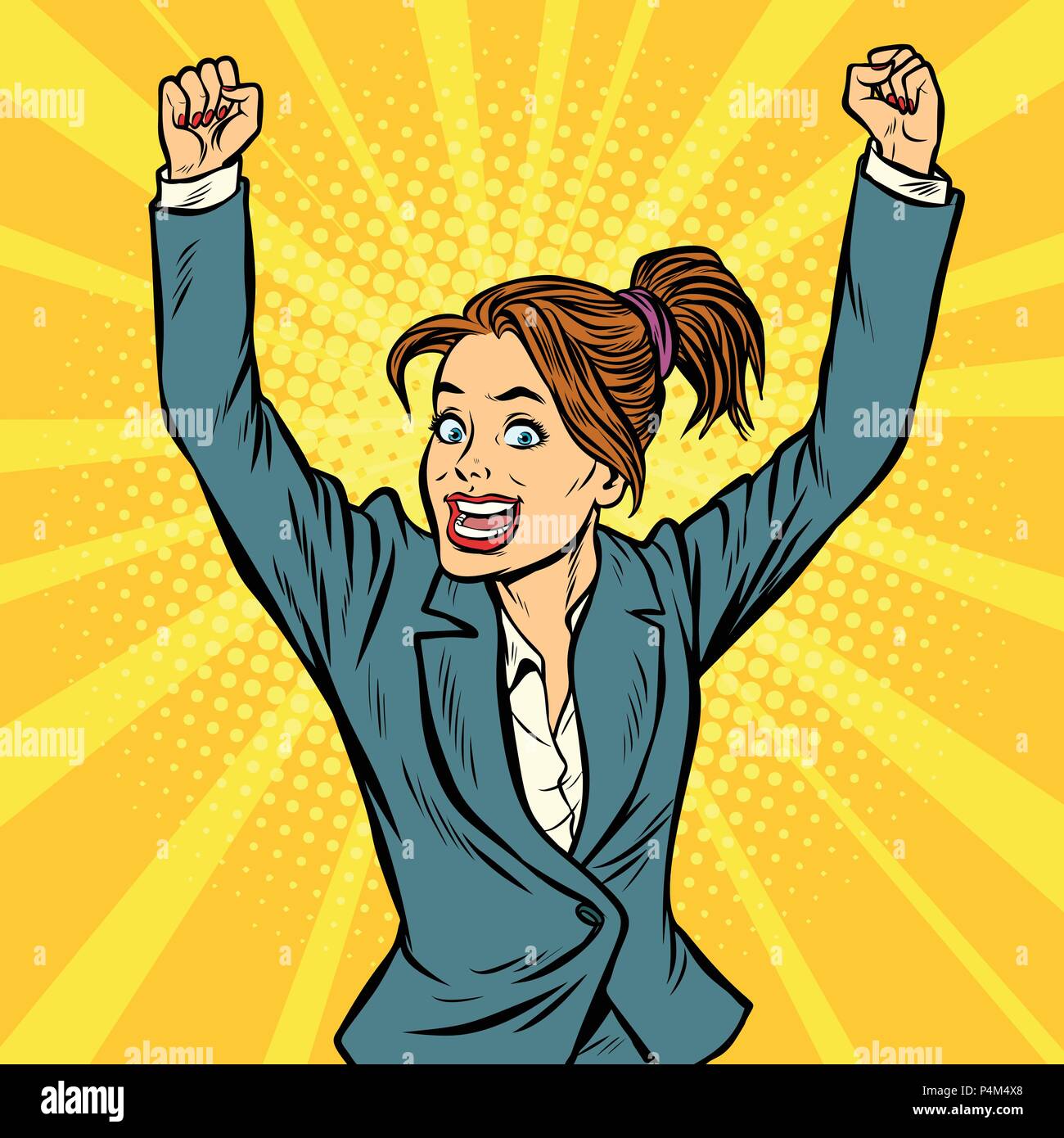 joyful woman winning hand gesture up. Pop art retro vector illustration ...