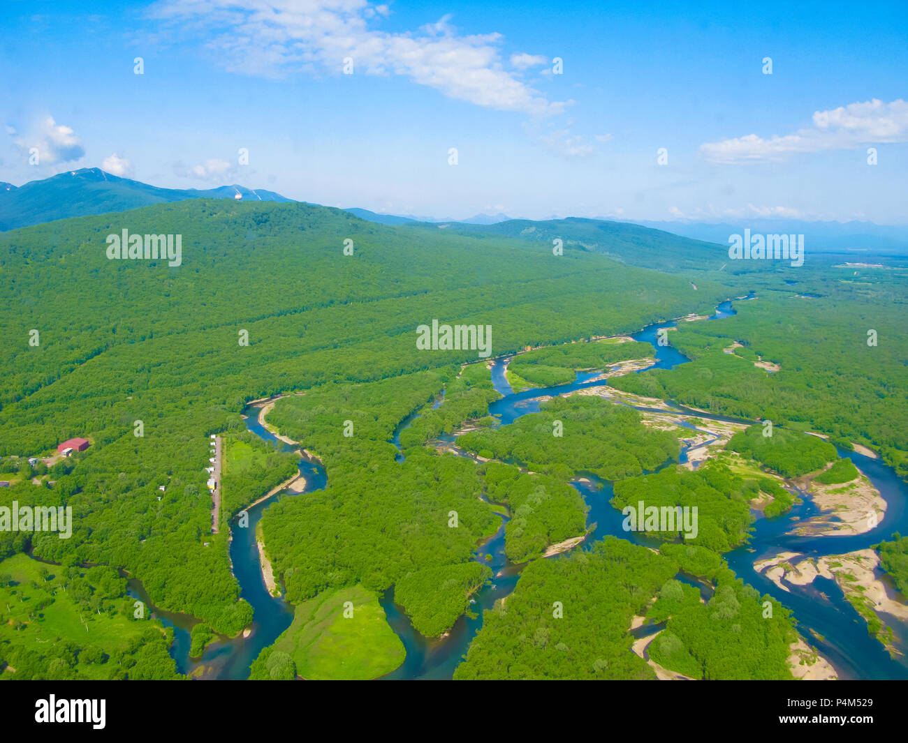Aerial panorama view to Kamchatka rivers and tundra at Kamchatka ...
