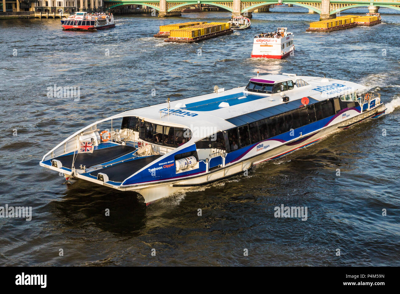 London. June 2018. A view of a river thames clipper boat in London ...