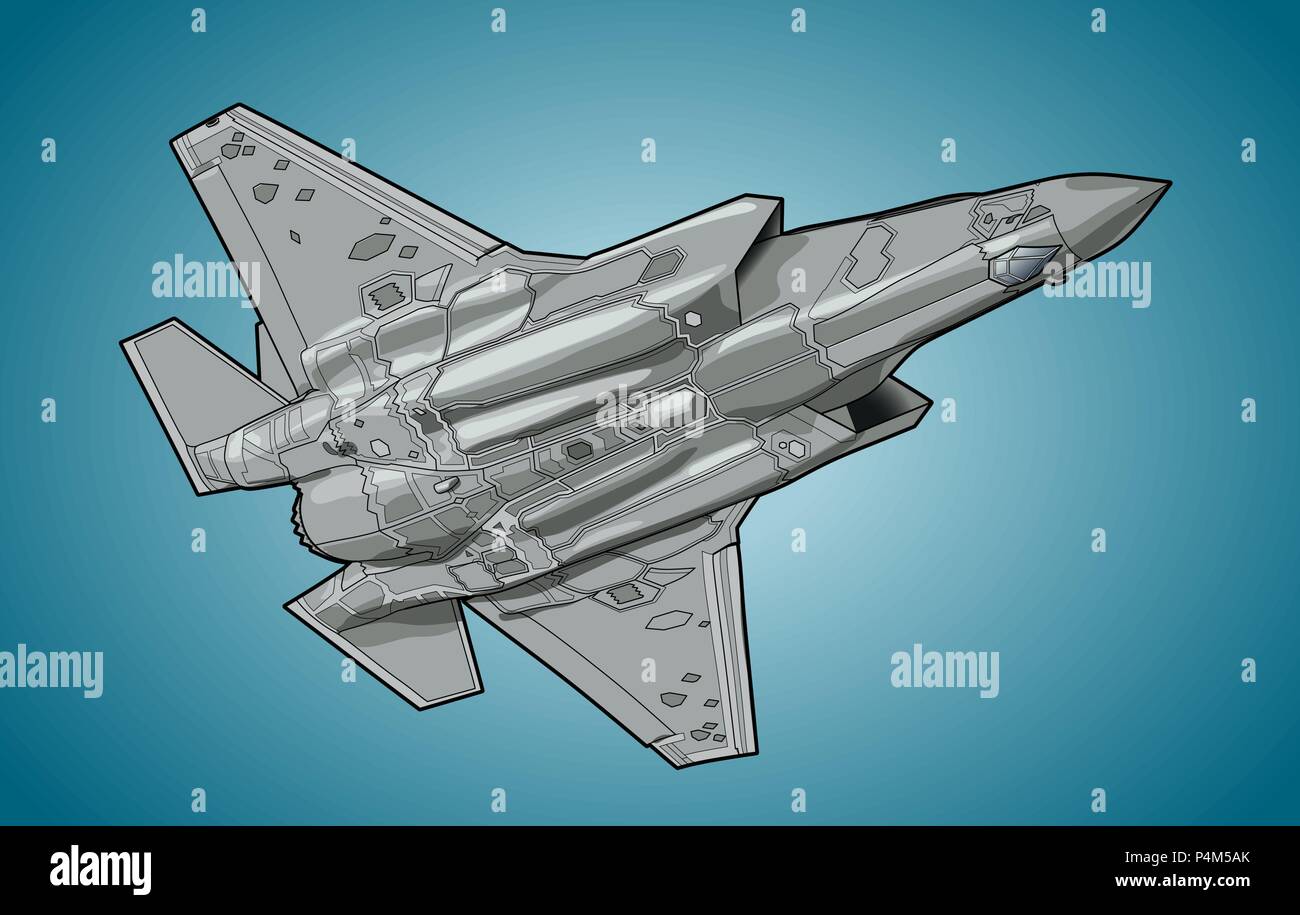 Flight of the newest american jet fighter aircraft. Technichal draw ...