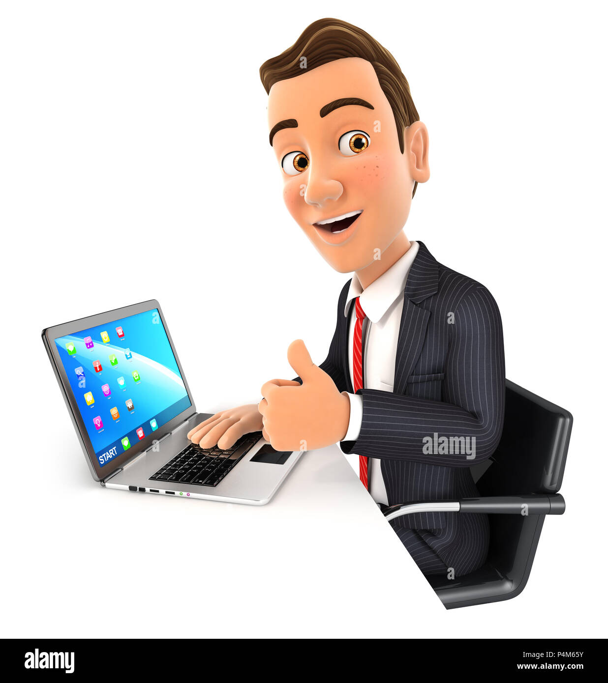 3d businessman working on laptop with thumb up, illustration with ...