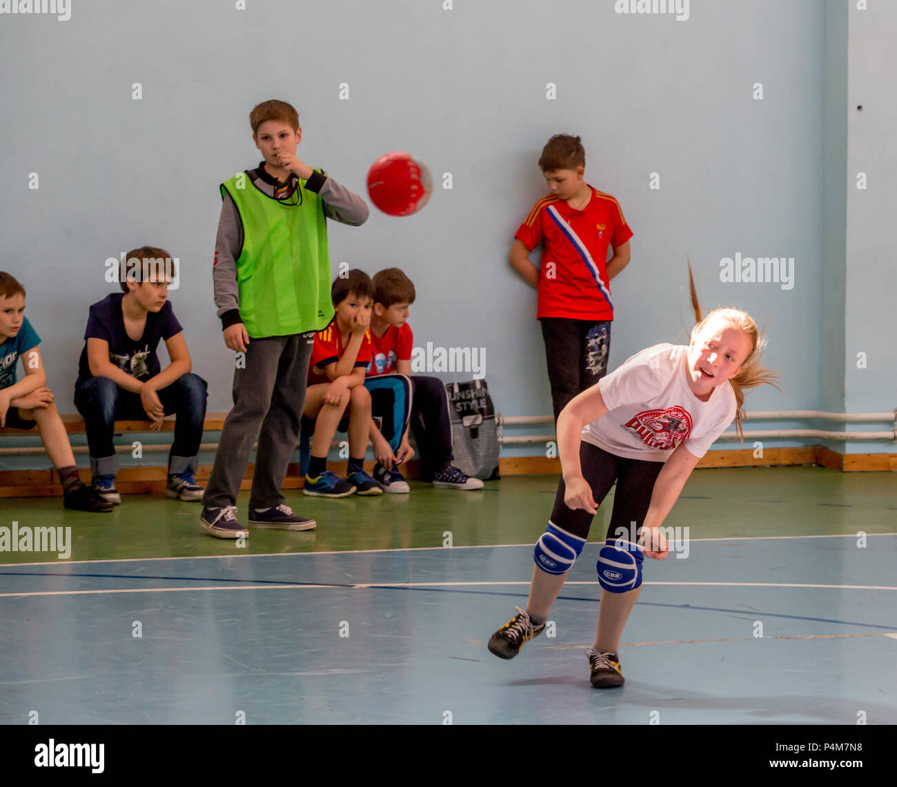 Russia, Vladivostok, 04/28/2018. Kids play handball indoor. Sports and ...