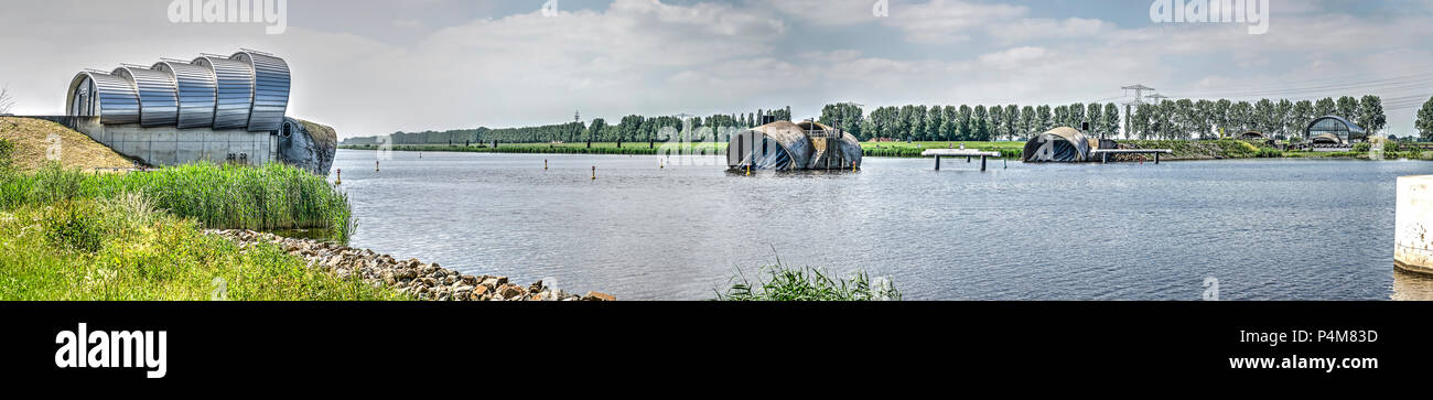 Inflatable barrage (bellow dam) Ramspolstuw near the city of Kampen ...