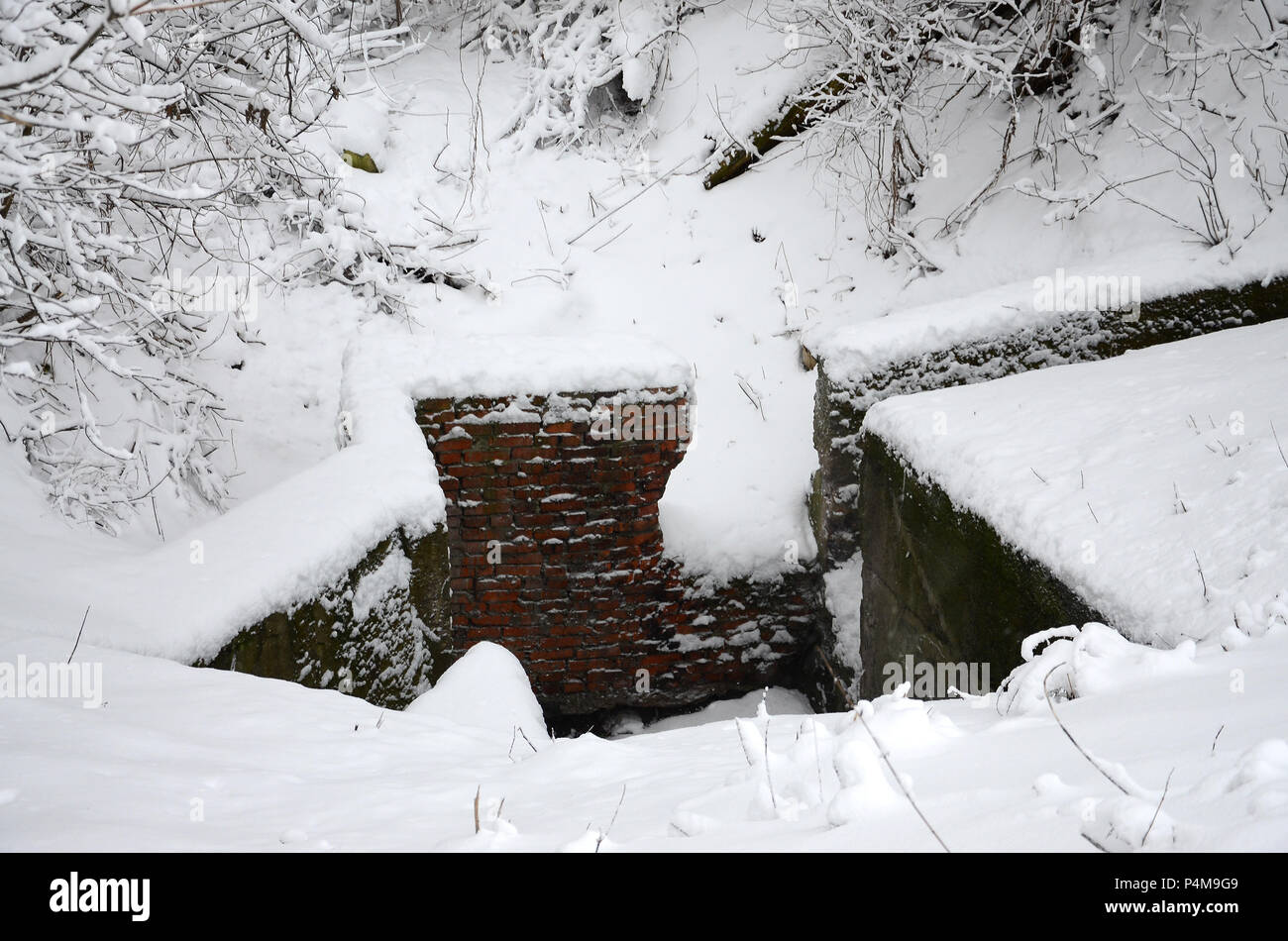 Underground bunker of old brick walls in winter after snowfall Stock ...