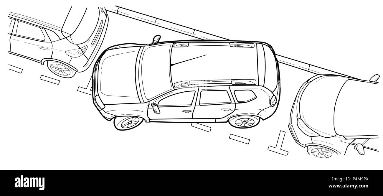 Parking car vector line illustration. Car and transportation, auto park ...