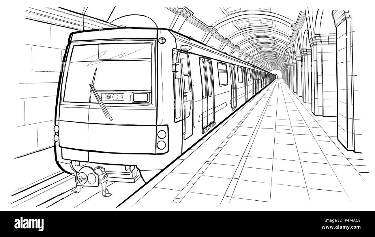 Hand drawn ink line sketch Saint Petersburg subway station, train in ...