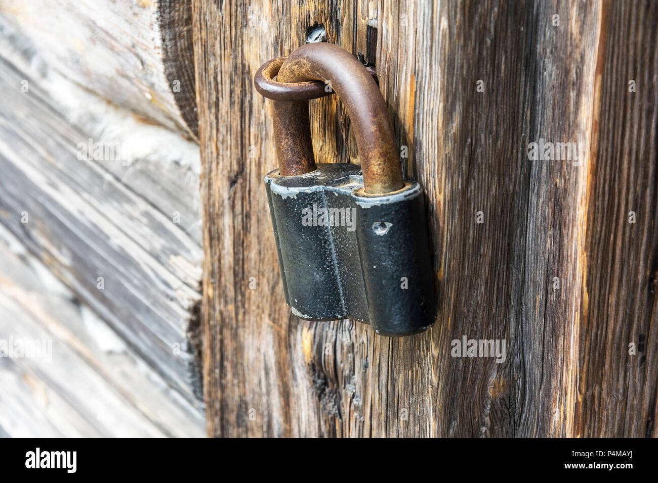 Wooden door closed on the old padlock, side view close-up Stock Photo ...