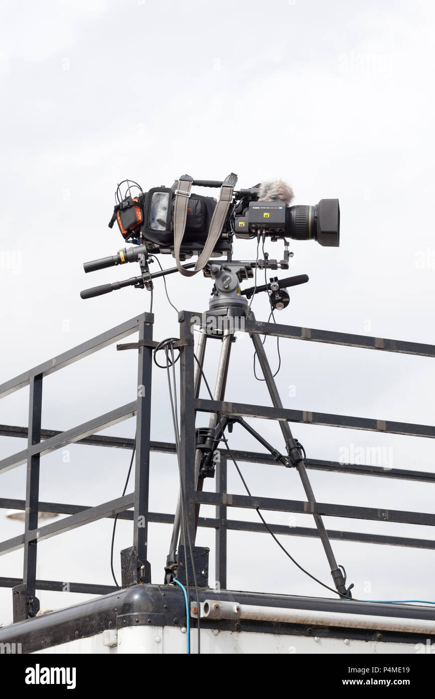 An outside Broadcast Television camera on top of some scaffolding Stock ...