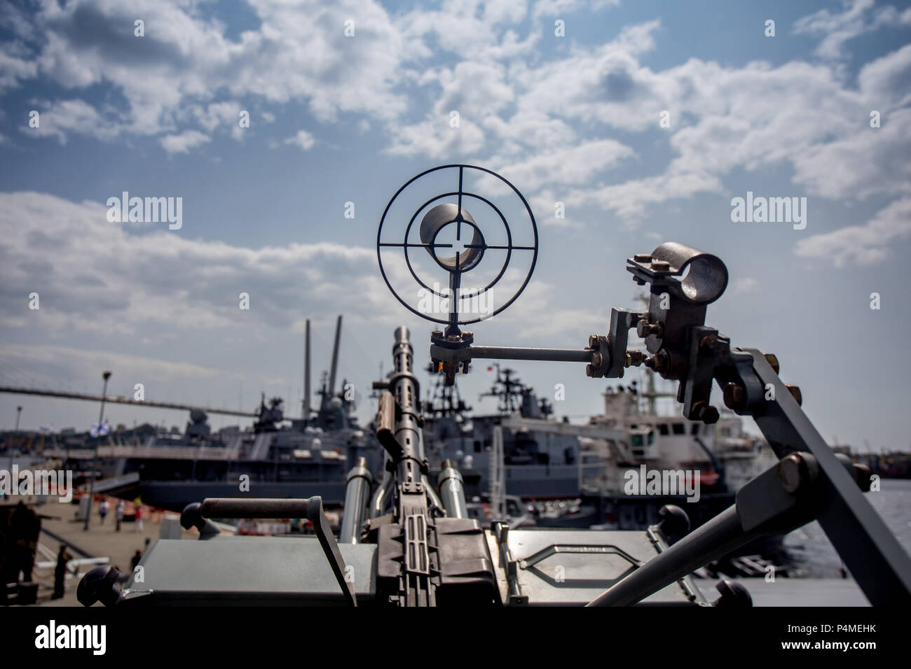 Machine gun on modern military battleship. Modern russian military ...