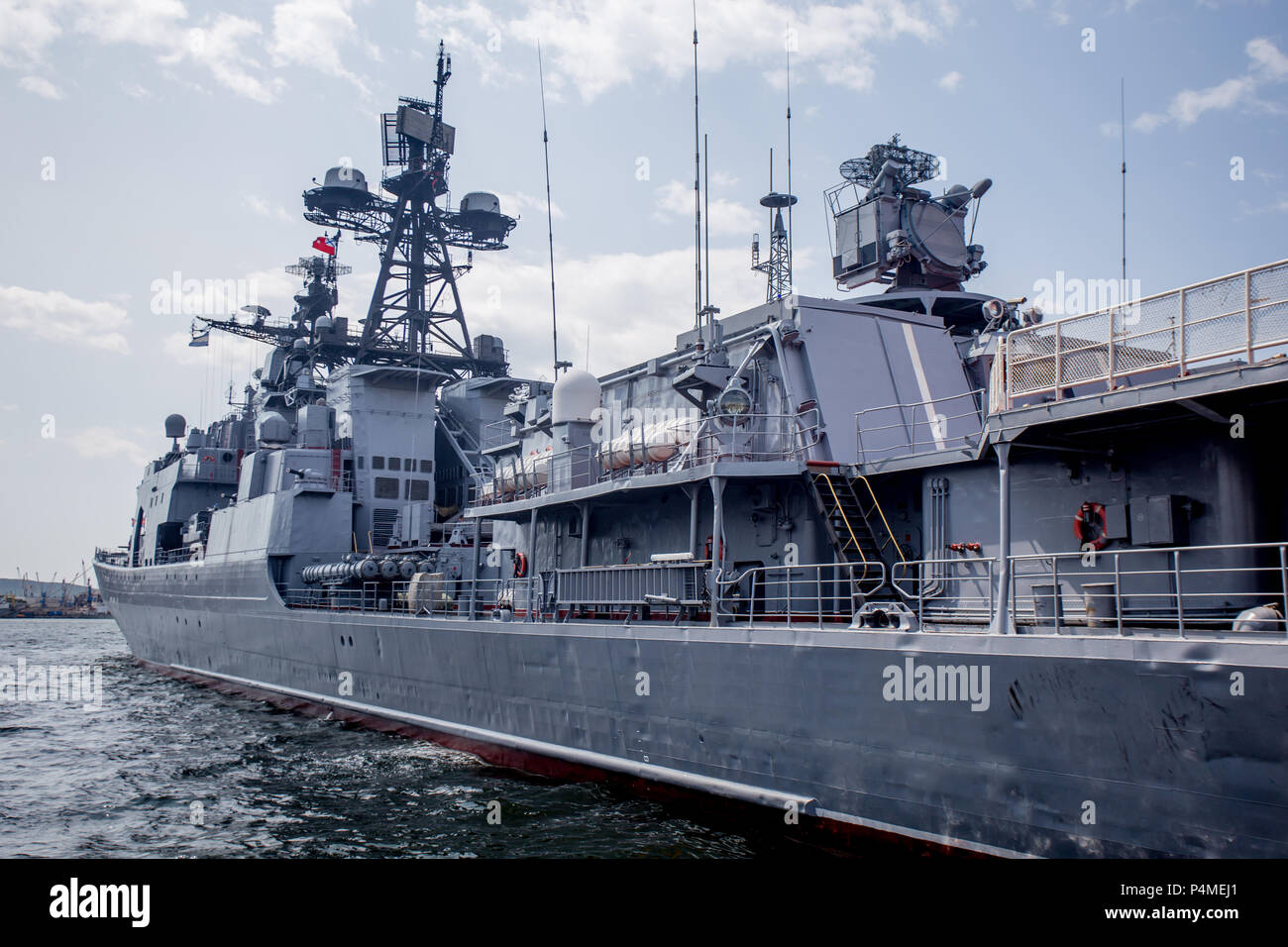 View on modern russian military cruiser battleship on the pierce ...