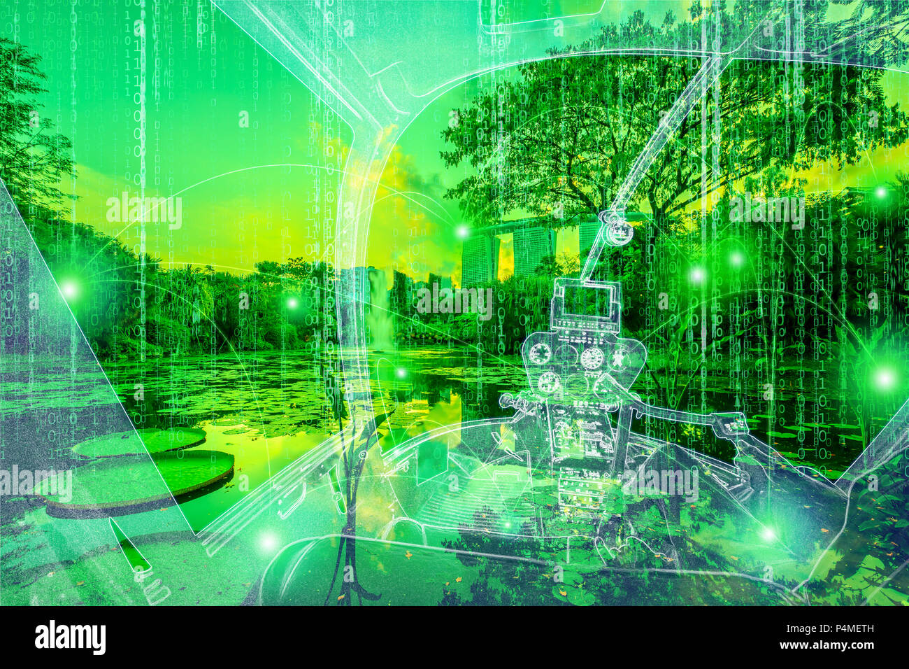 Digital helicopter cockpit interior flying on virtual skyline with ...