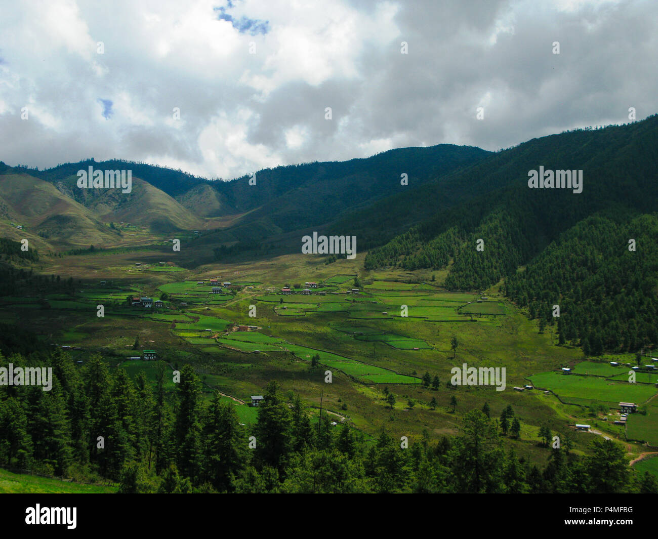 Landscape of mountain Phobjikha valley at Bhutan Himalayas Stock Photo ...