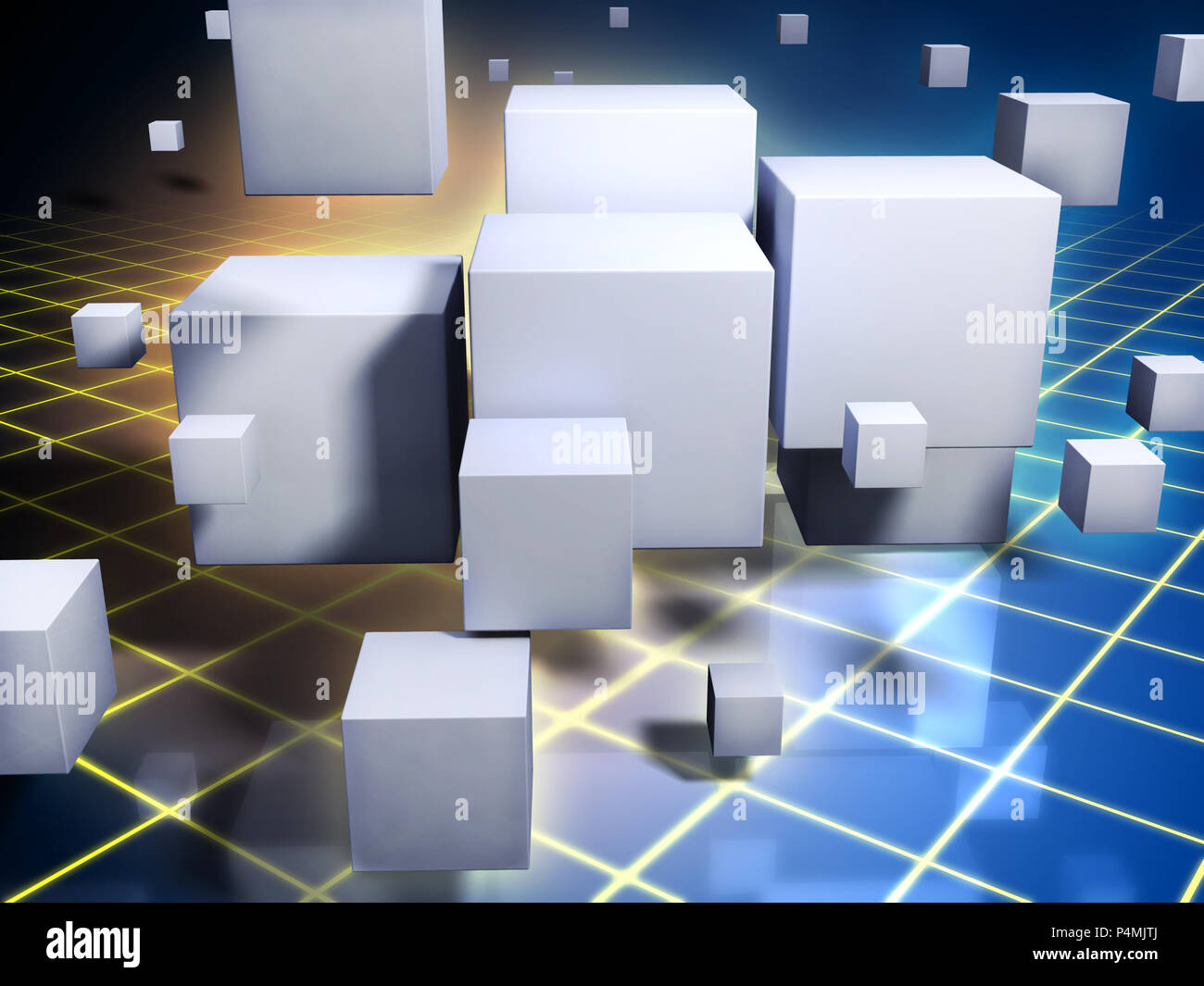 Different sized white cubes float in a digital dimension on a blue and ...