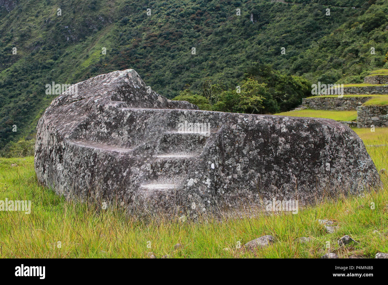 Funerary Stone at Inca citadel Machu Picchu in Peru. In 2007 Machu ...
