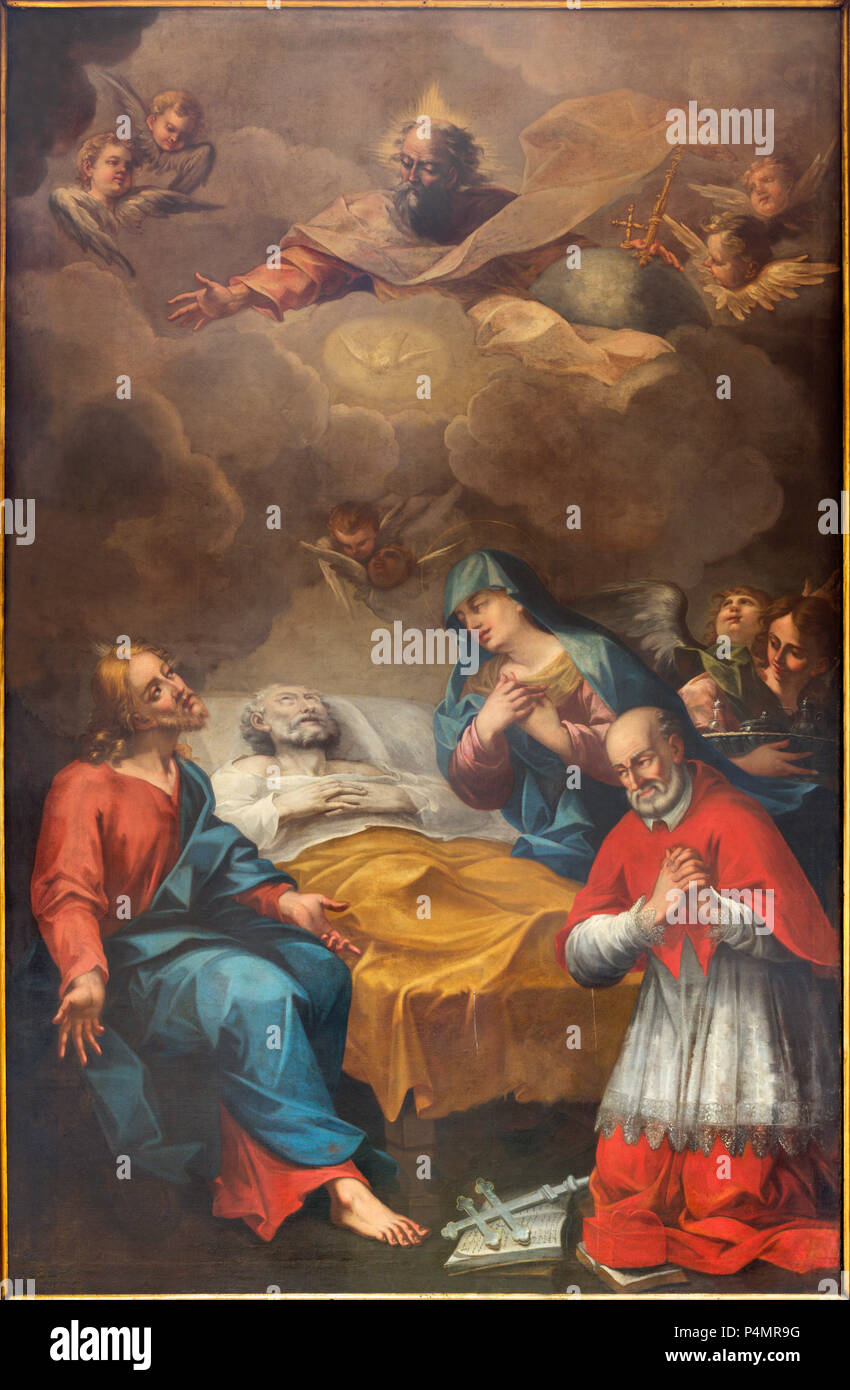 PARMA, ITALY - APRIL 15, 2018: The painting of Death of St. Joseph with ...