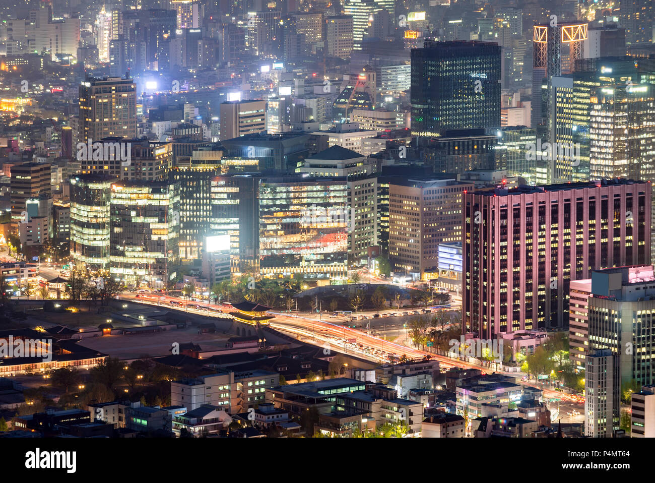 Aerial Sunset and Night view of Seoul Downtown cityscape in South Korea ...