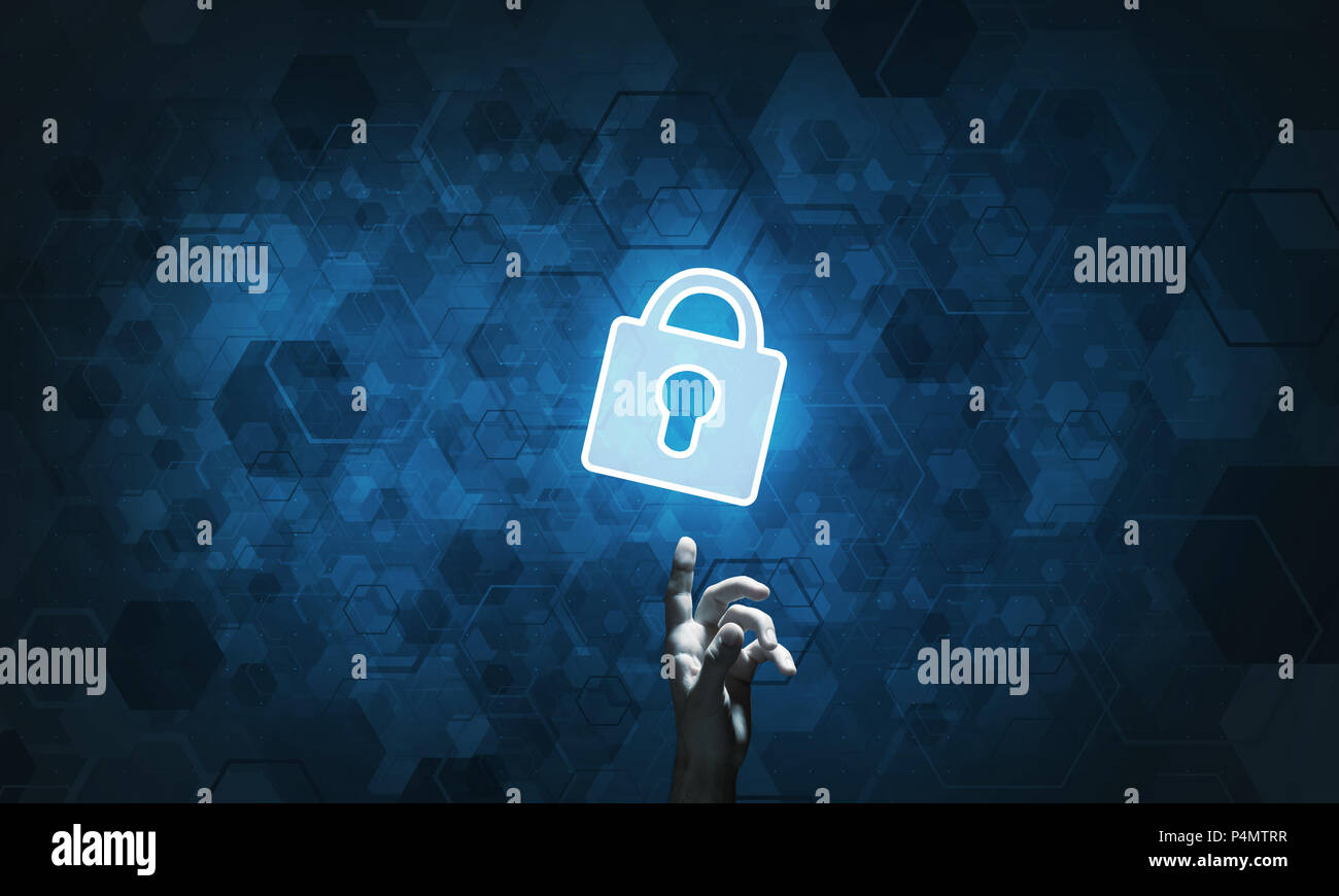 Hand pointing with finger at padlock as concept of internet security ...