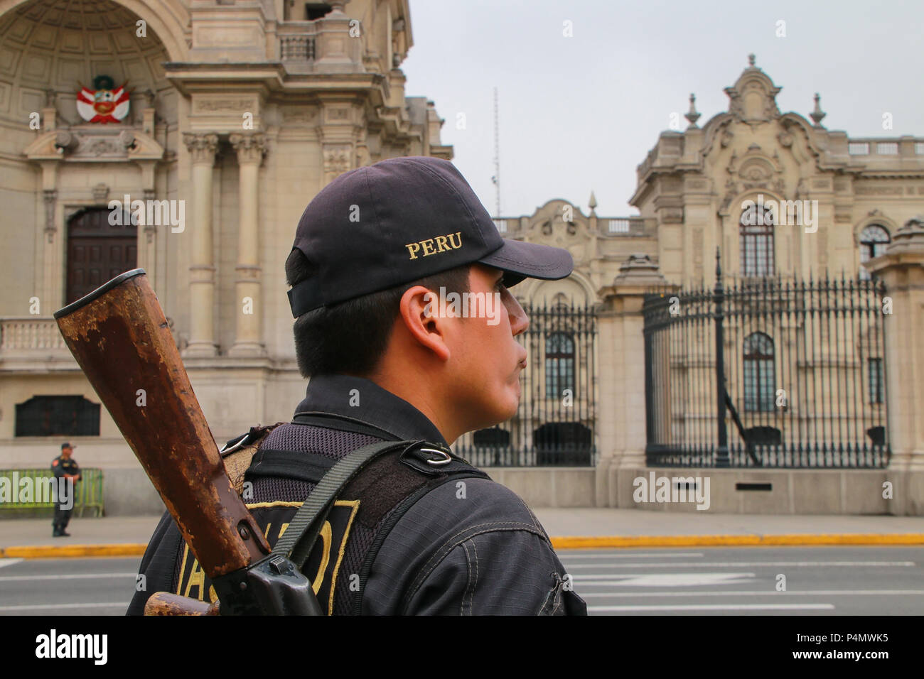 Policman standing near Government Palace in Lima, Peru. Peruvian ...