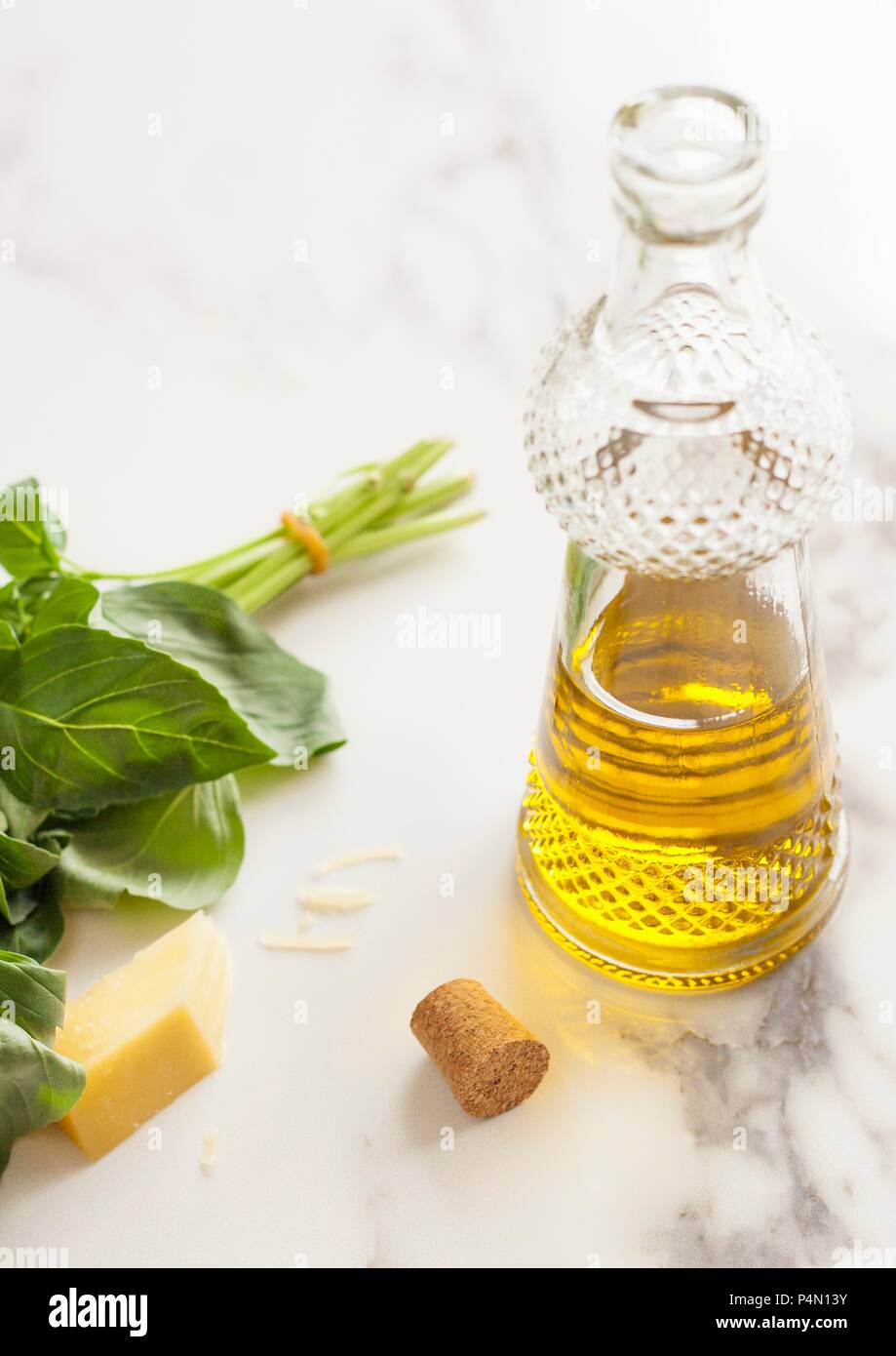 Mediterranean ingredients - olive oil, cheese and basil Stock Photo - Alamy