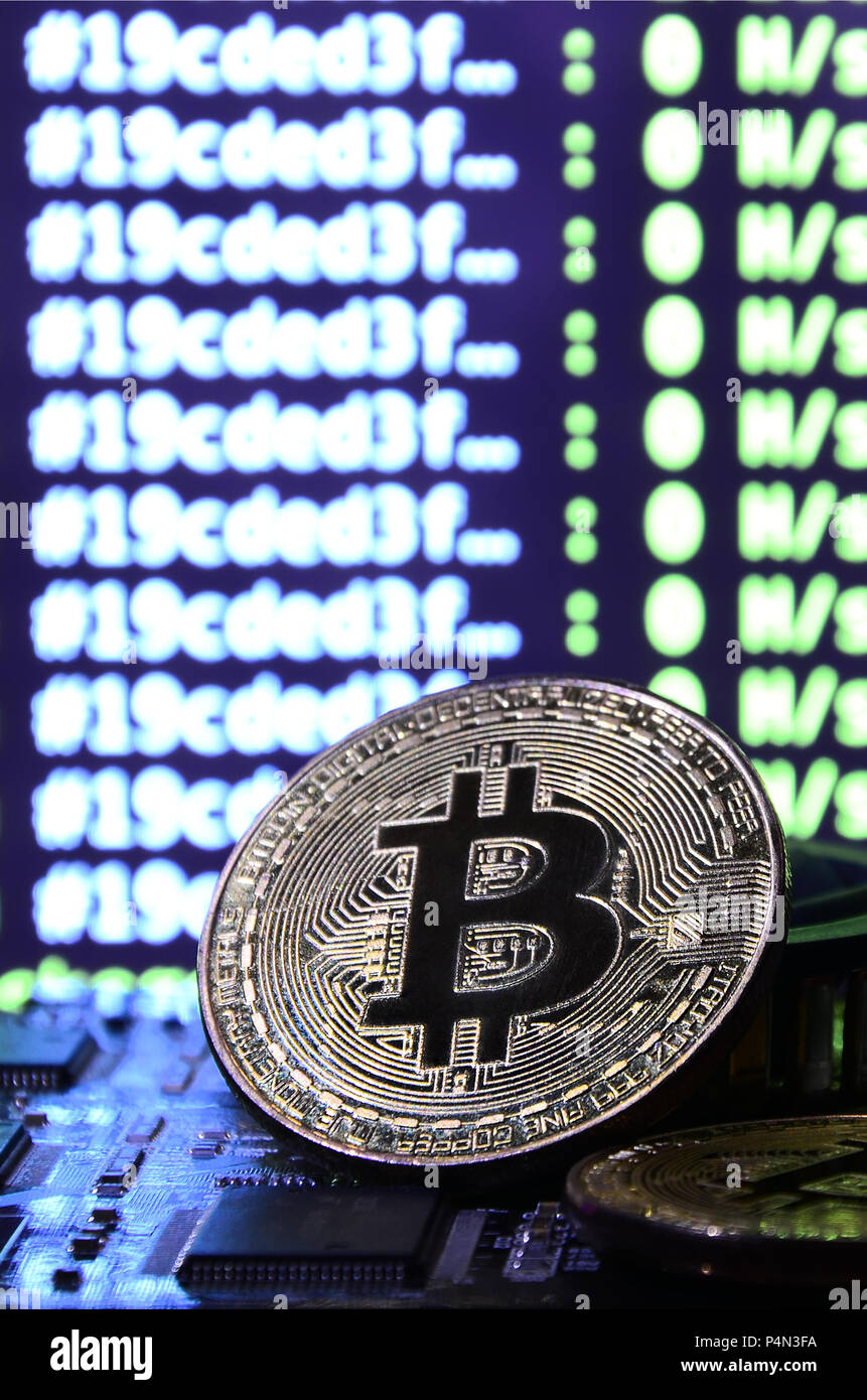 Bitcoin on binary code screen transfer hi-res stock photography and ...