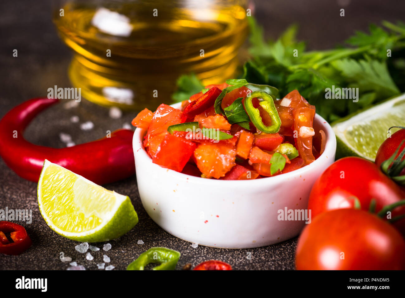 Traditional Latin American mexican salsa sauce and ingredients. Close ...