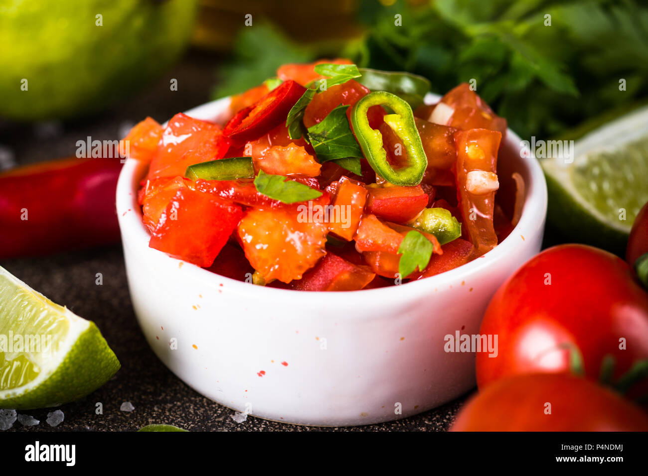 Traditional Latin American mexican salsa sauce and ingredients. Close ...