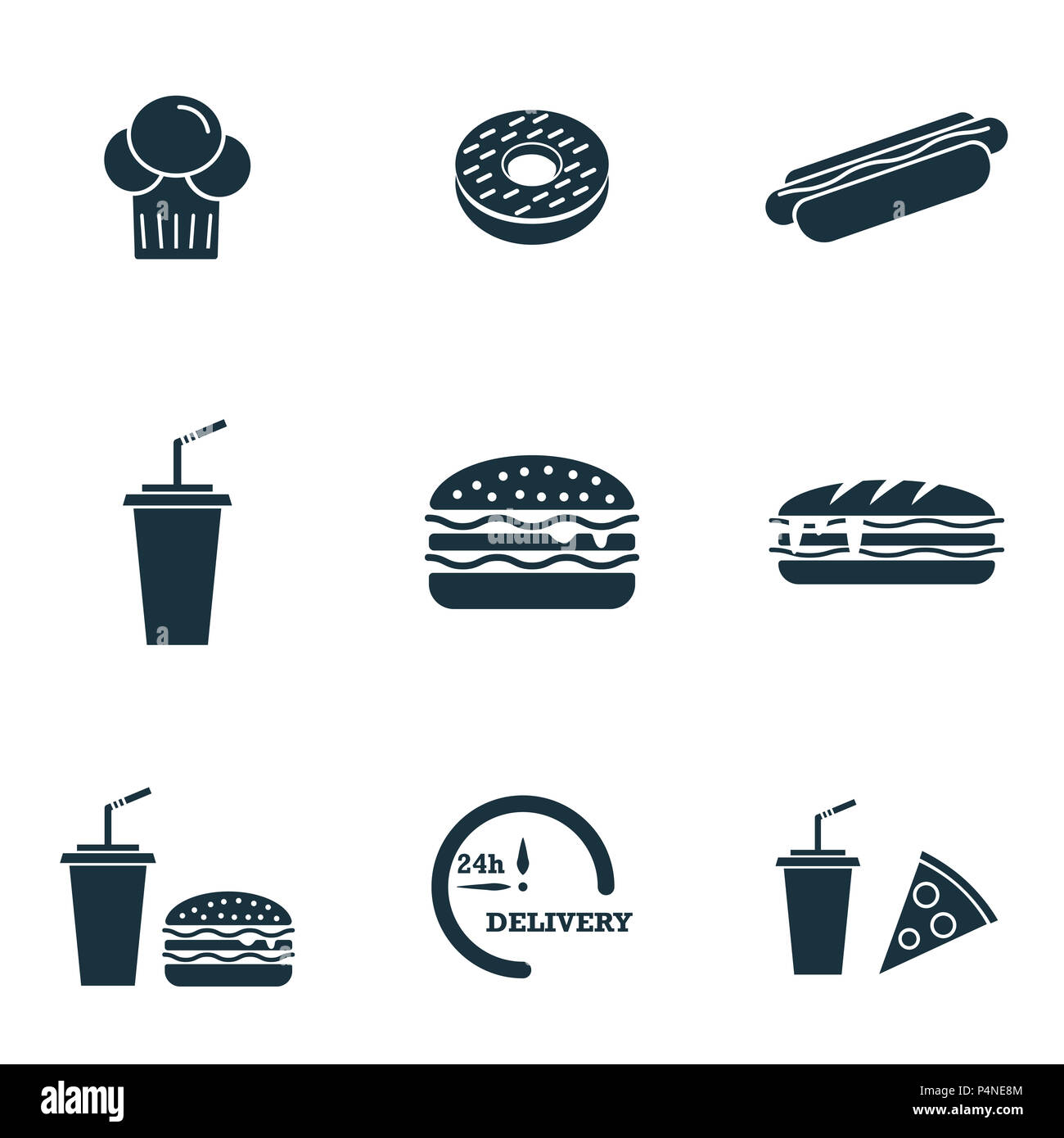 Fastfood icons set. Burger icon, Hot Dog icon, Drink with a straw icon ...