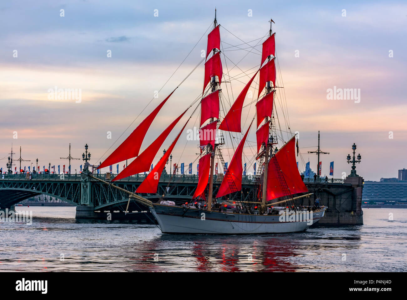 Rehearsal of the passage of the sailing ship on the Neva on the eve of ...