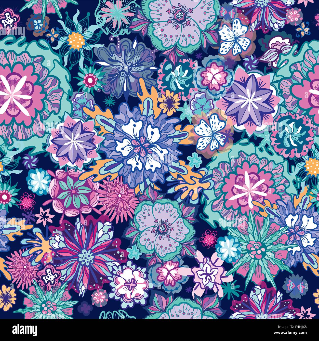 Seamless vector texture with colorful lineart futuristic flowers on ...