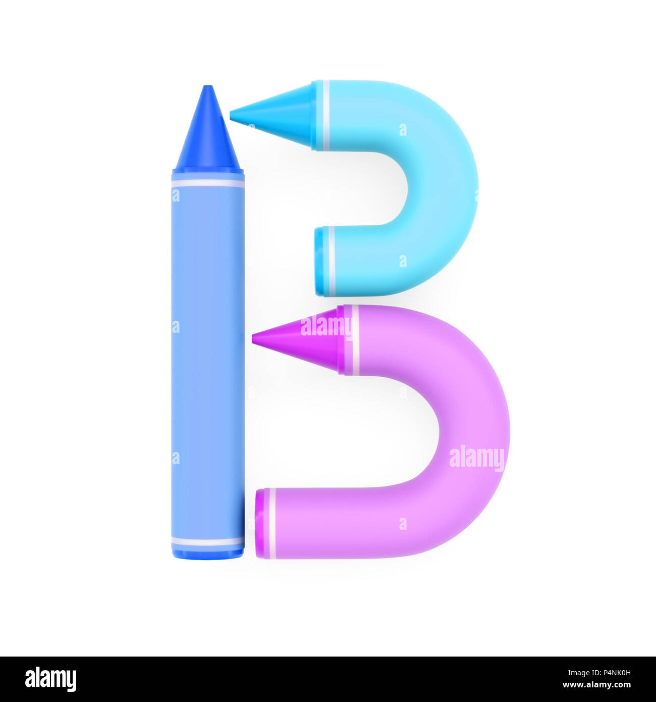 Colored wax crayons assembled like capital letter B on white background ...