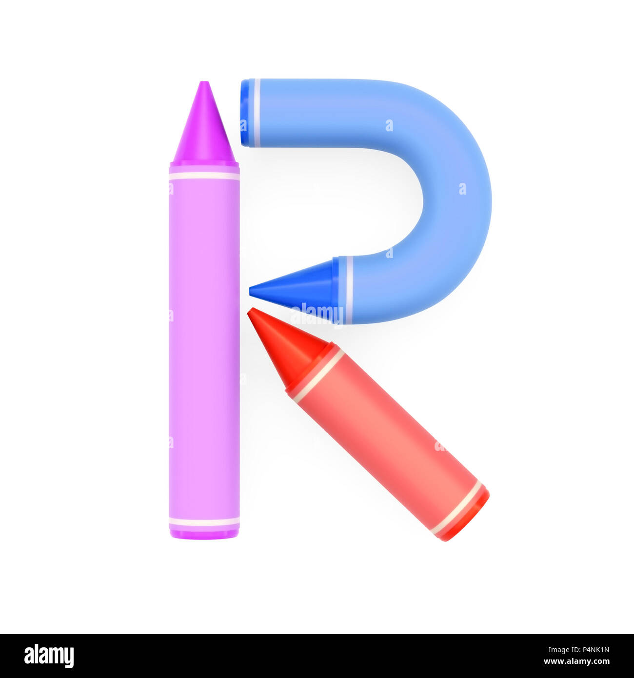 Colored wax crayons assembled like capital letter R on white background ...