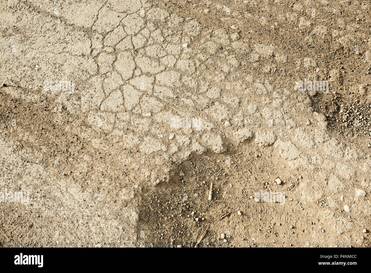 Wheel trace on road .Traces on soil of tractor, excavator, car ...