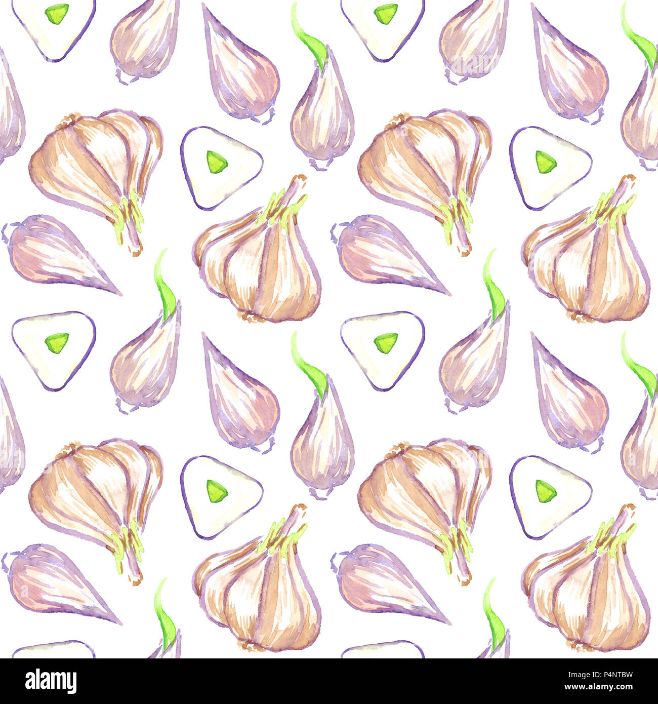Garlic bulb and clove, cut slice, seamless pattern hand painted ...