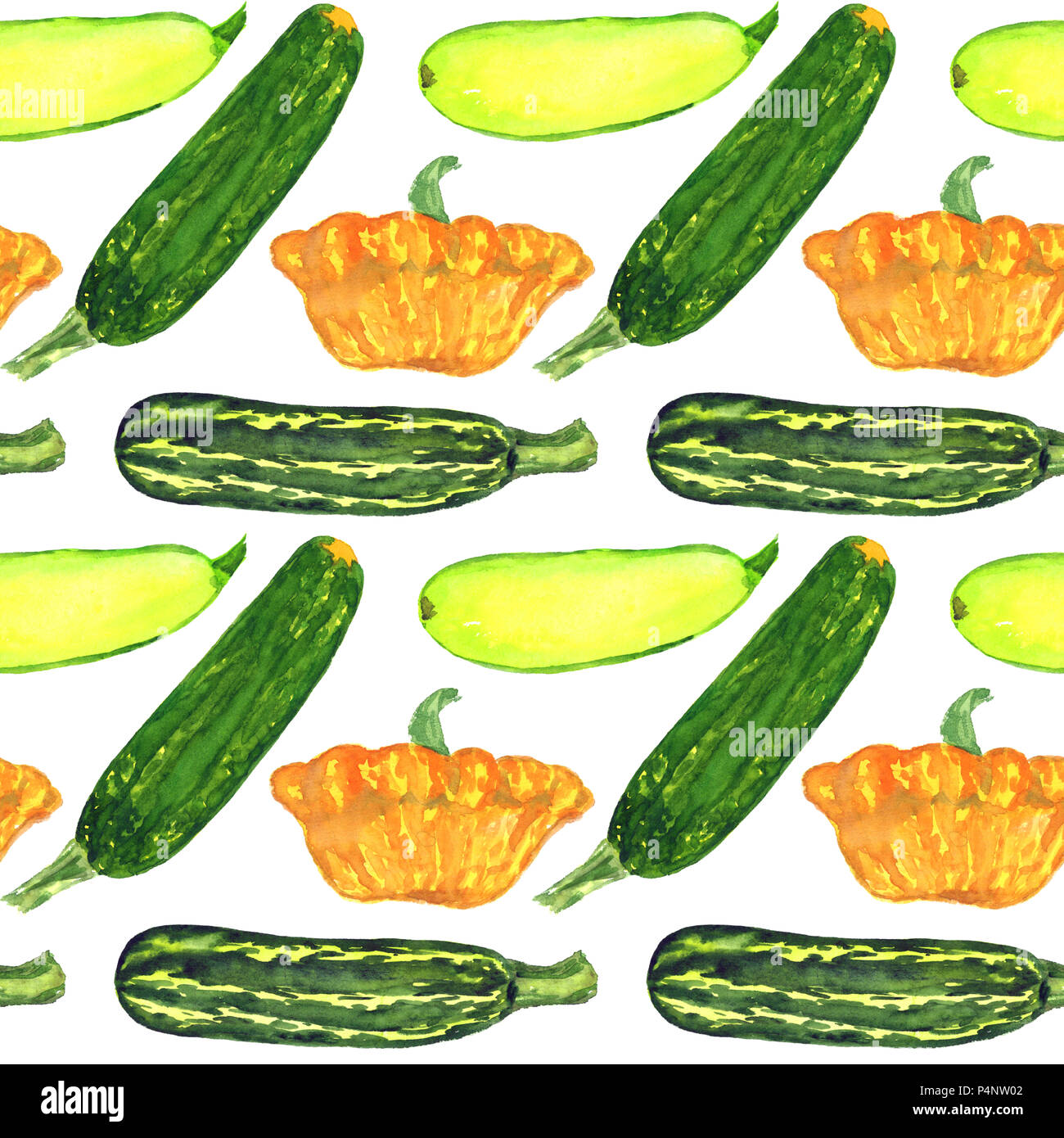 Zucchini and squash variety, seamless pattern hand painted watercolor ...