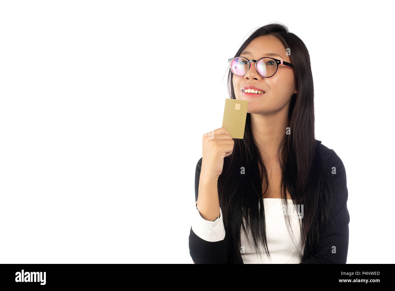Businesswoman in suit holding showing business smart card isolated on ...
