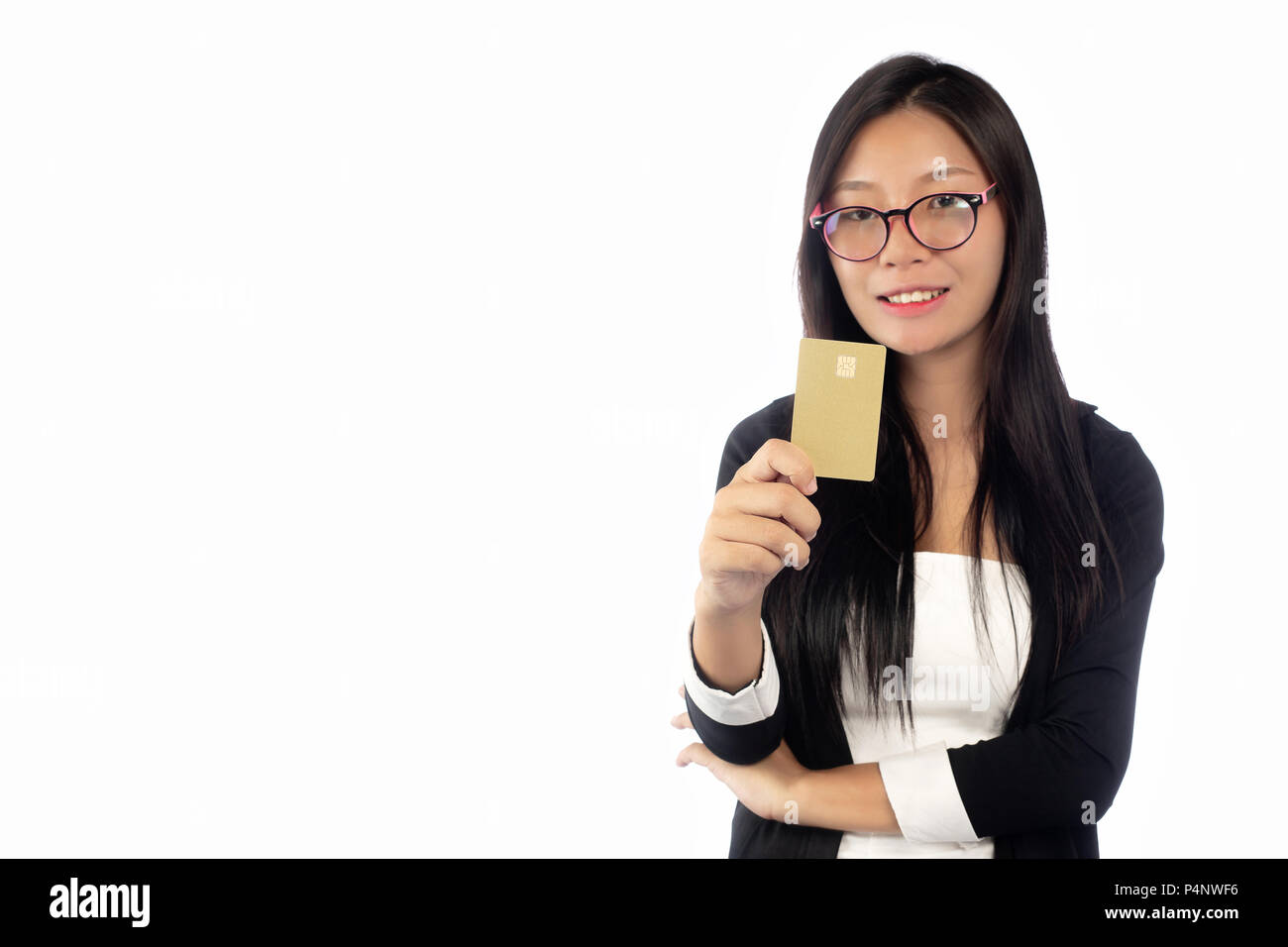 Businesswoman in suit holding showing business smart card isolated on ...
