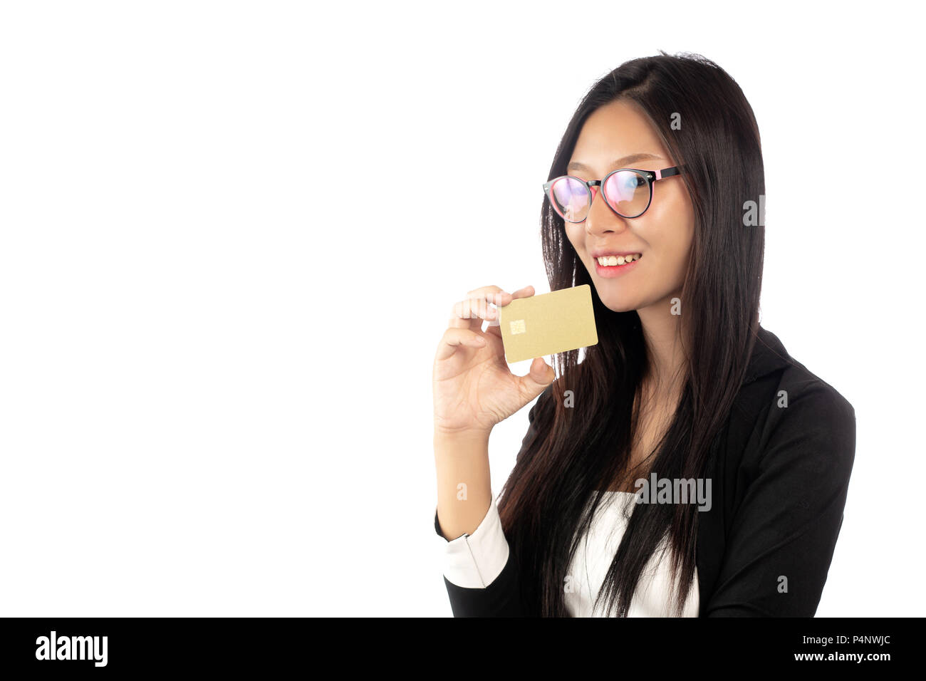 Businesswoman in suit holding showing business smart card isolated on ...
