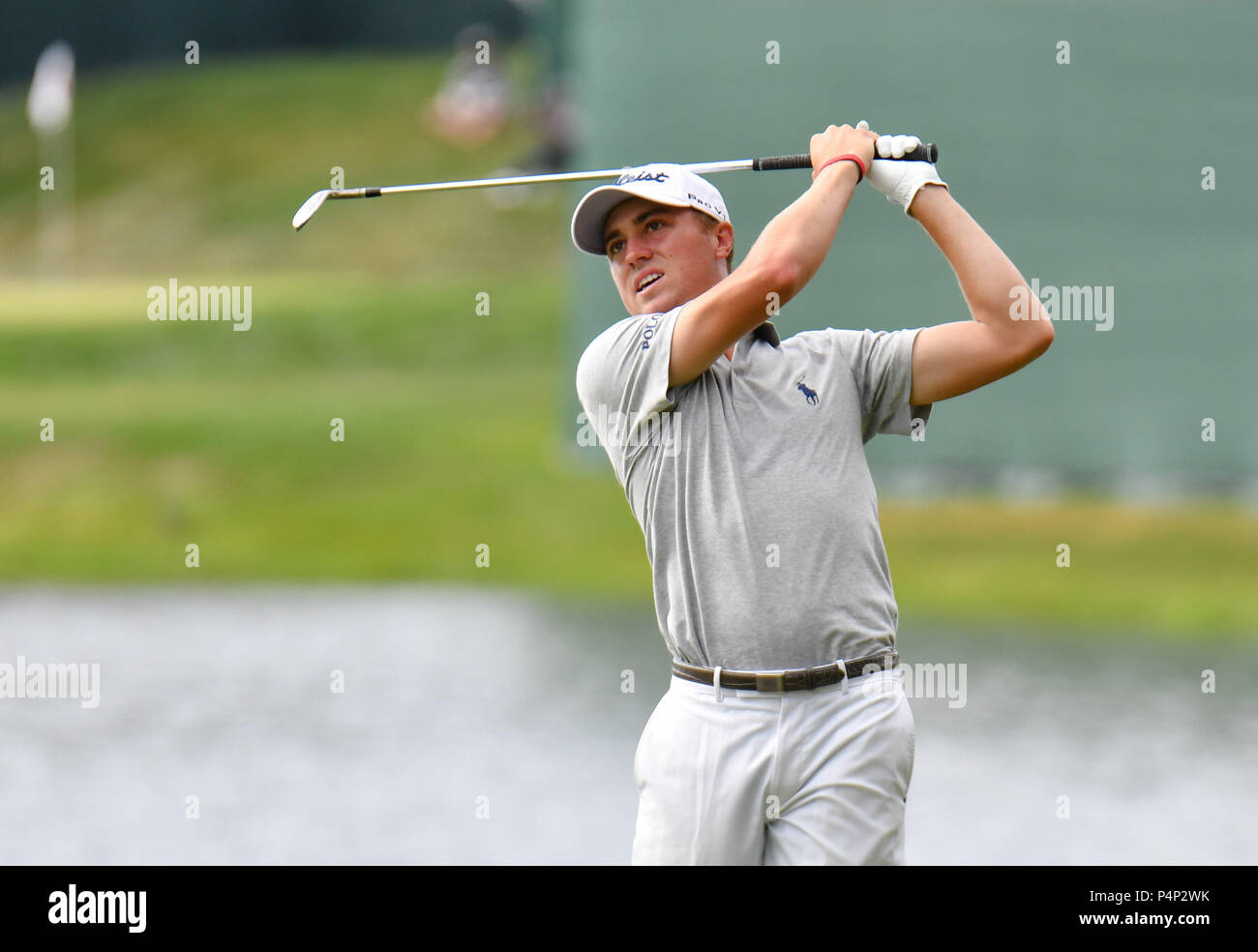 Thursday June 21, 2018: Justin Thomas watches his tee shot on the 16th ...