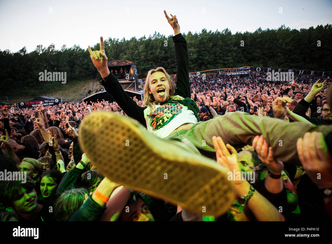 Denmark, Copenhagen - June 22, 2018. Heavy metal fans are crowd surfing ...