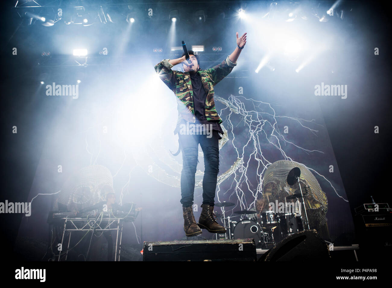Denmark, Copenhagen - June 22, 2018. The Japanese metal band Crossfaith ...