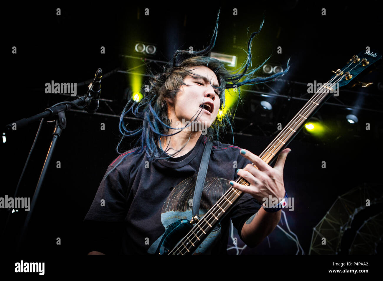 Denmark, Copenhagen - June 22, 2018. The Japanese metal band Crossfaith ...