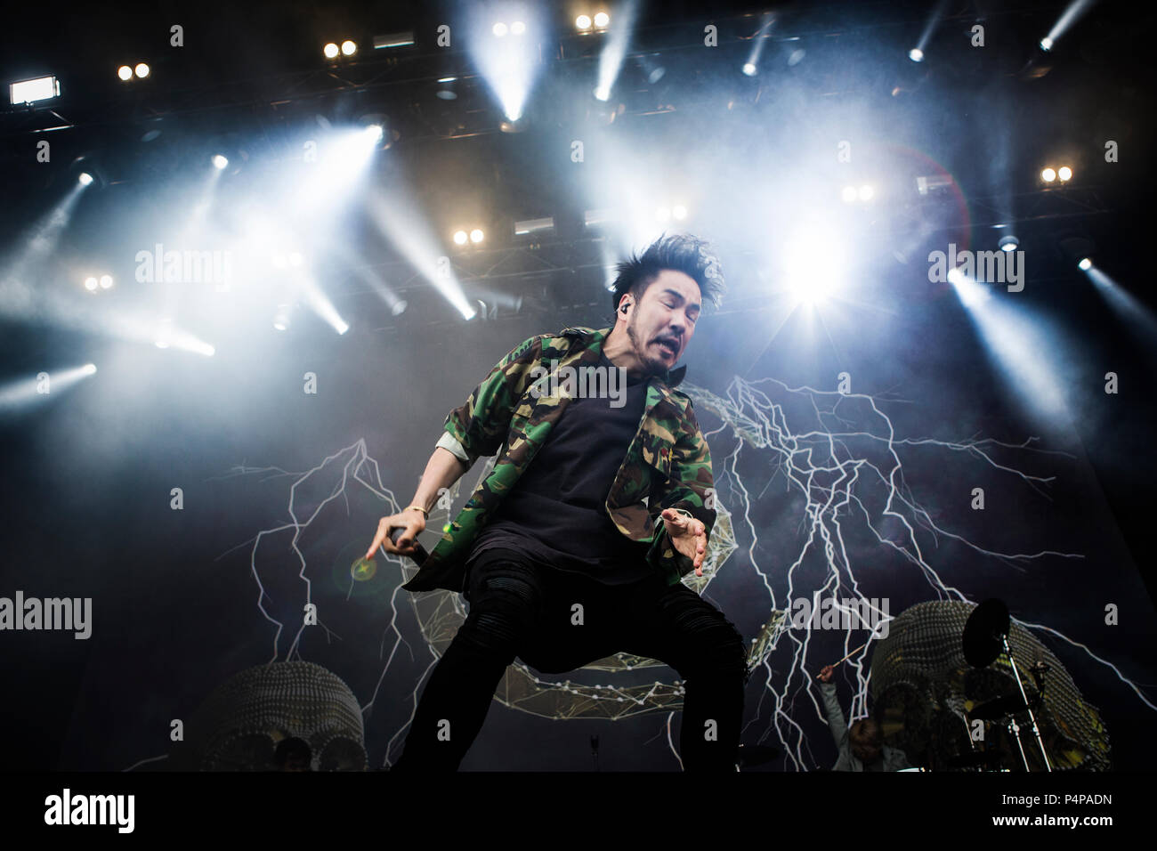 Denmark, Copenhagen - June 22, 2018. The Japanese metal band Crossfaith ...