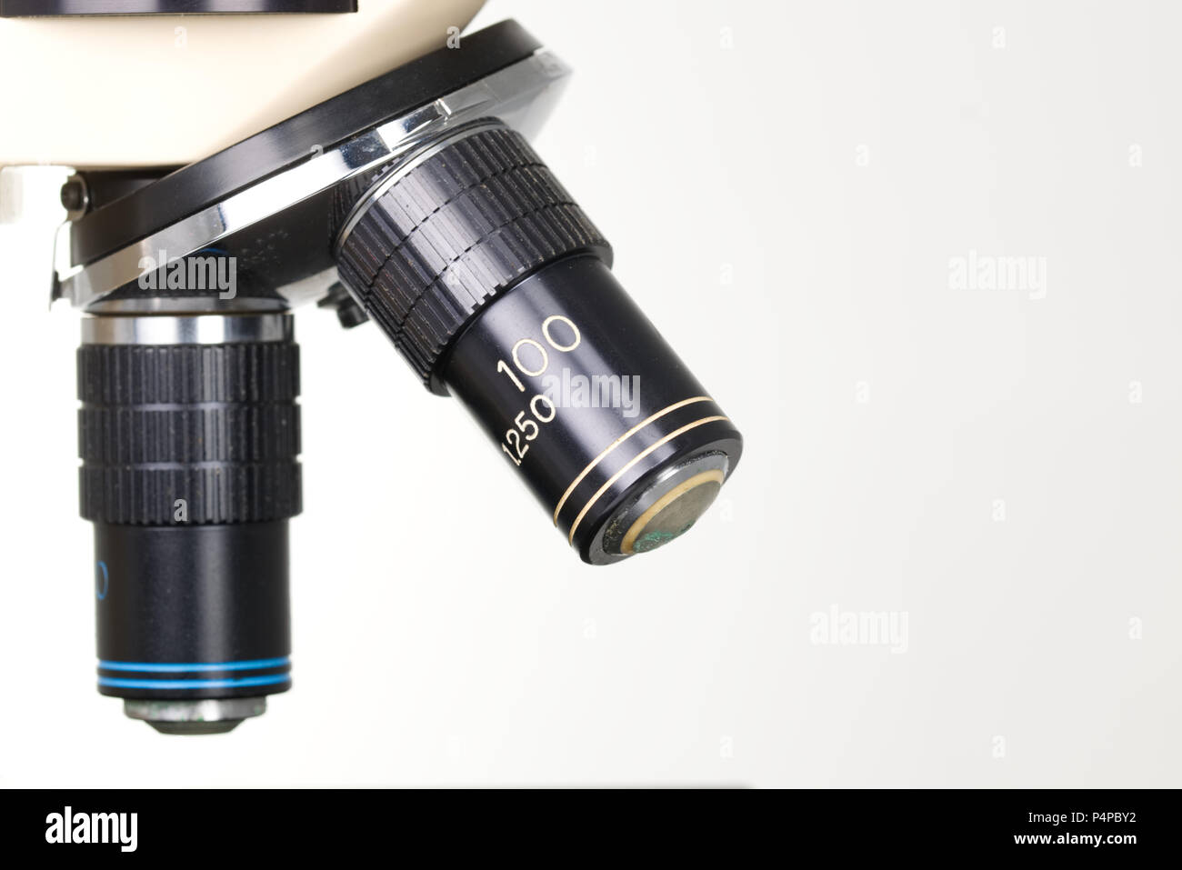 Close up of the lenses of a microscope on white background, Scientific ...