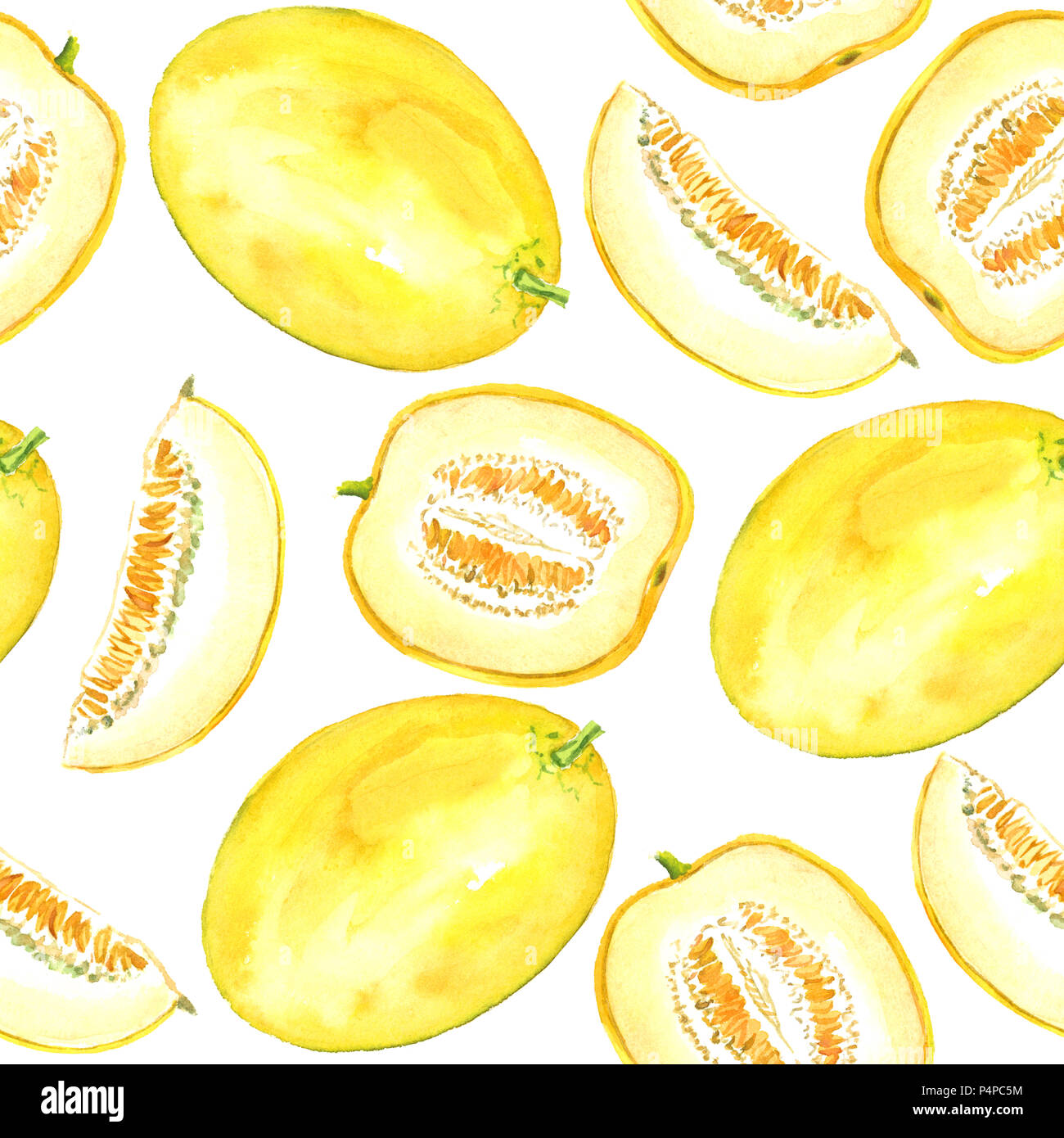 Yellow ripe melons and cut slices, seamless pattern hand painted ...