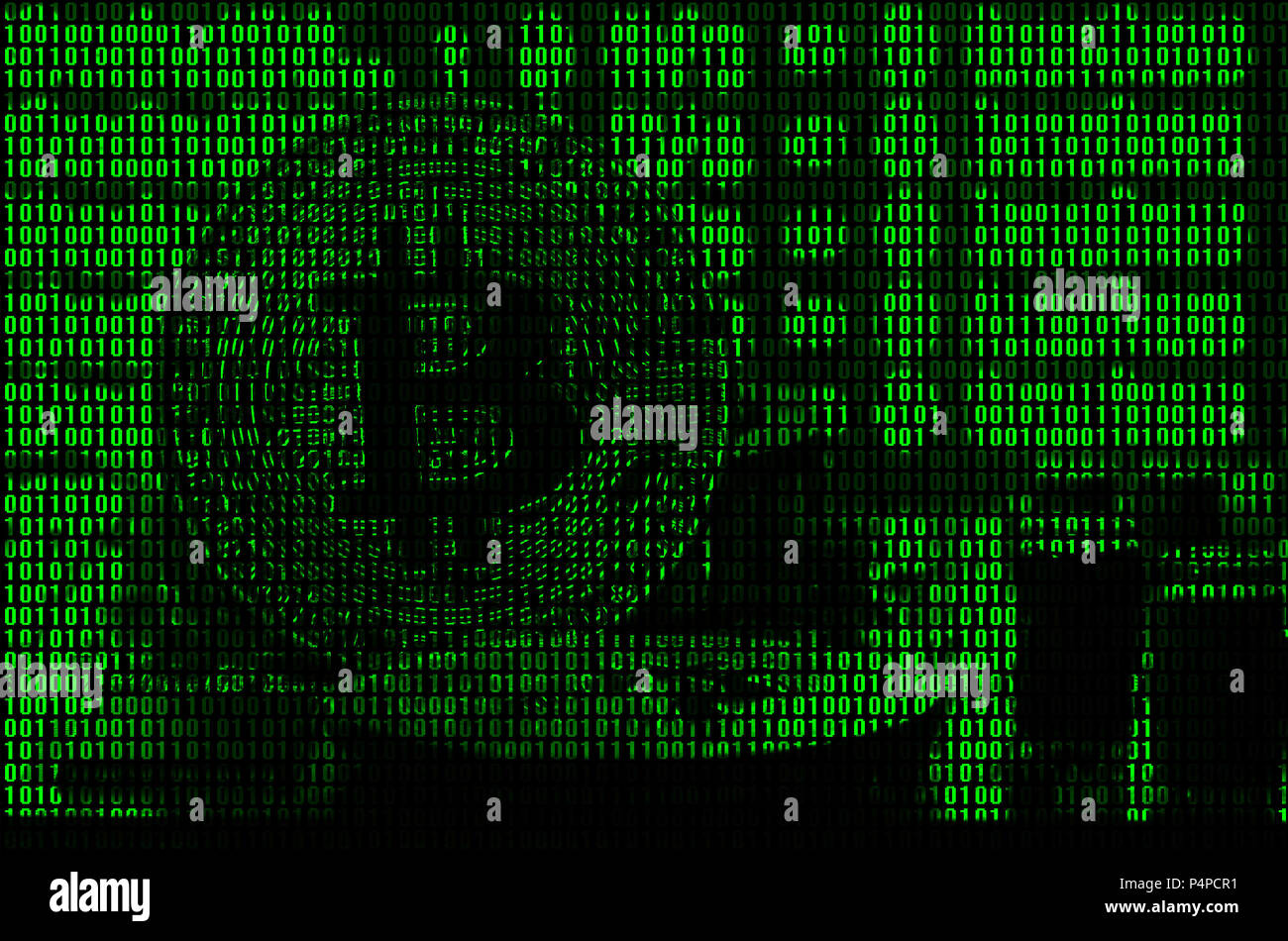 Image of the binary code from bright green digits, through which the image of the physical ...