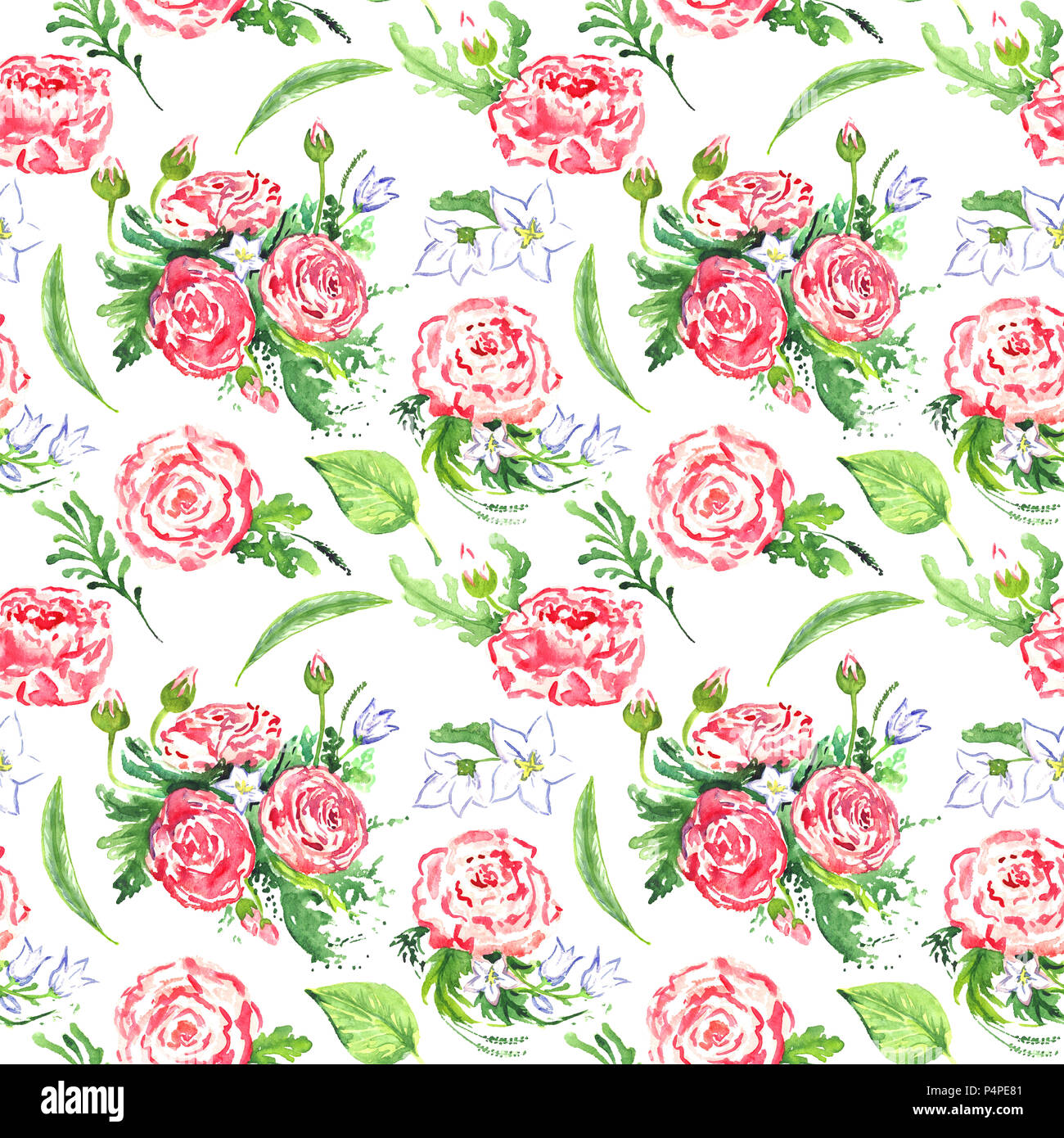 Ranunculus pink flowers with leaves, seamless pattern design hand ...