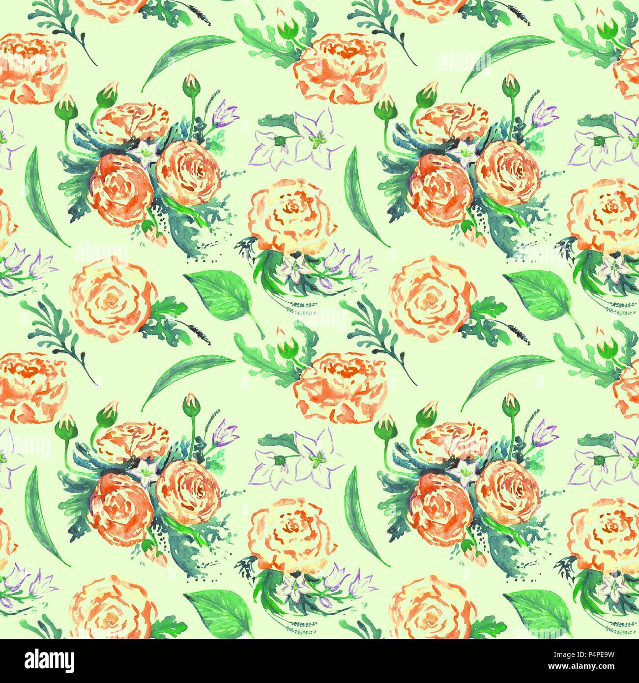 Ranunculus pink flowers with leaves, seamless pattern design hand ...