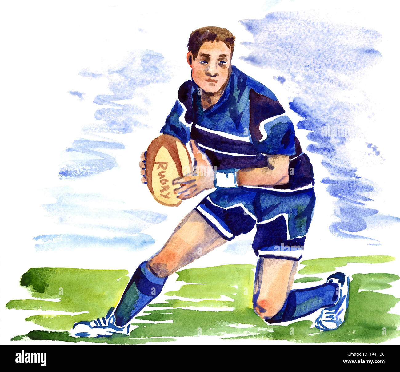 Athlete rugby player running with the ball on the football field of the ...